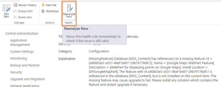 Missing Server Side Dependencies SharePoint 2016 Health Analyzer