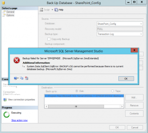 BACKUP LOG Cannot Be Performed Because There Is No Current Database Backup In SQL Server 2017